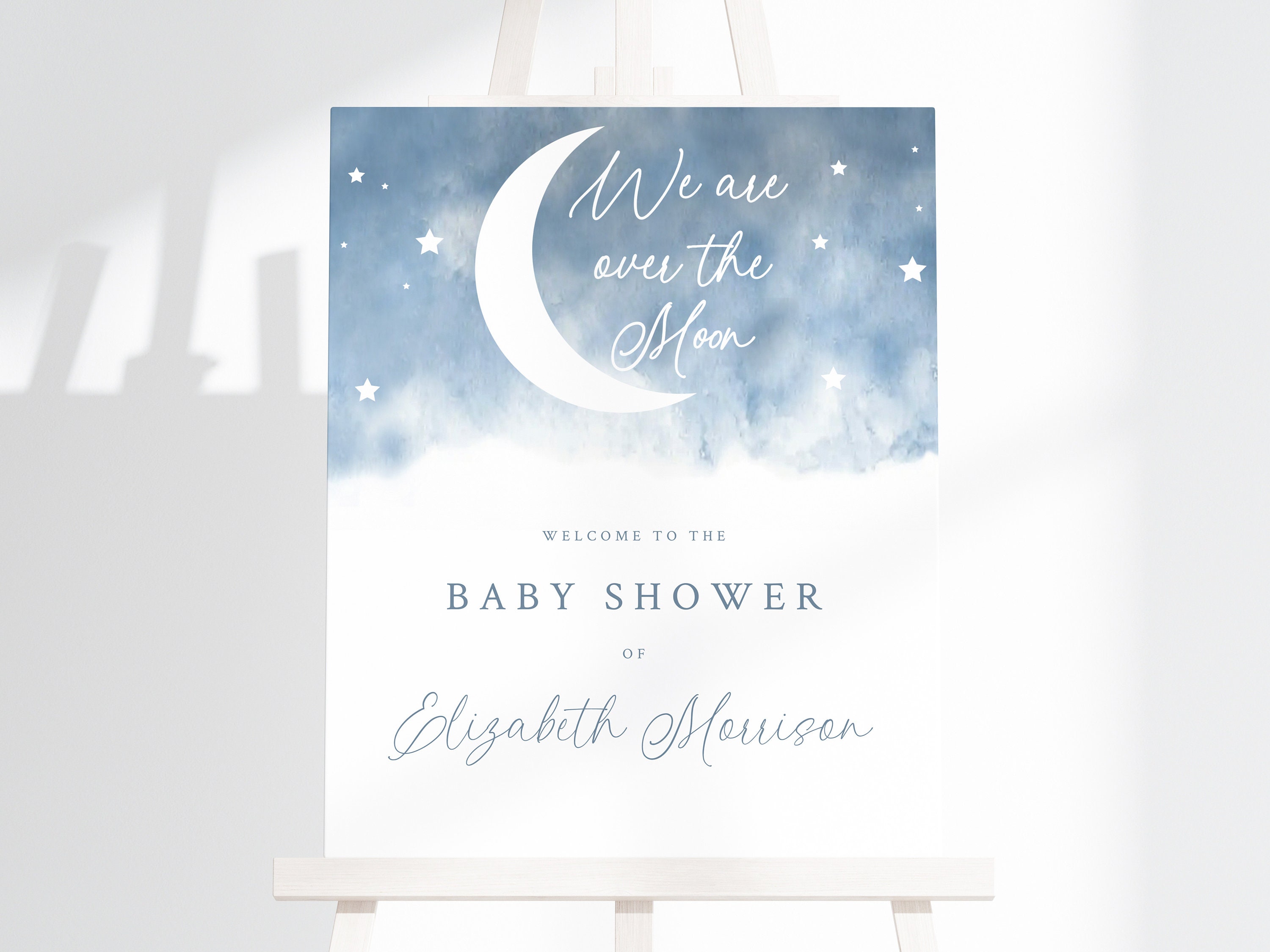 Editable Over the Moon Blue Baby Shower Welcome Sign, Blue Moon Stars ...