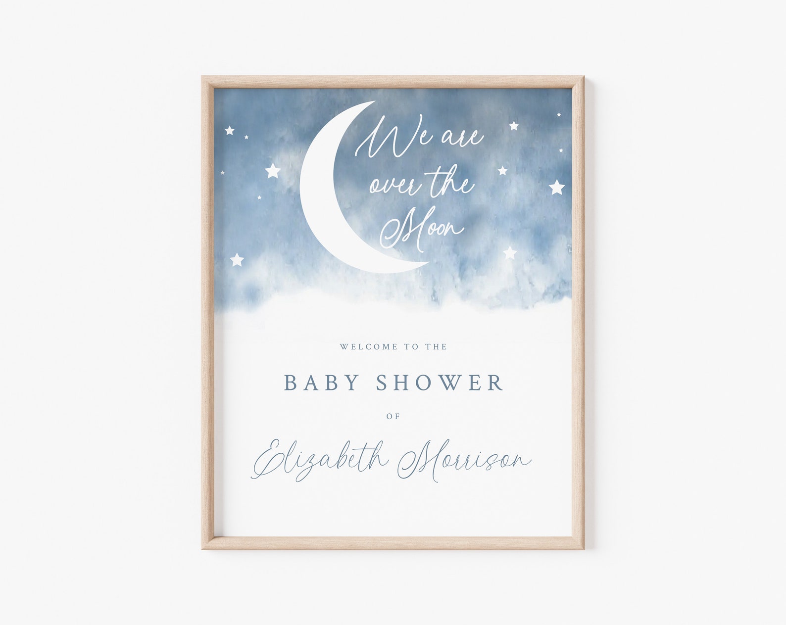 Editable Over the Moon Blue Baby Shower Welcome Sign, Blue Moon Stars ...