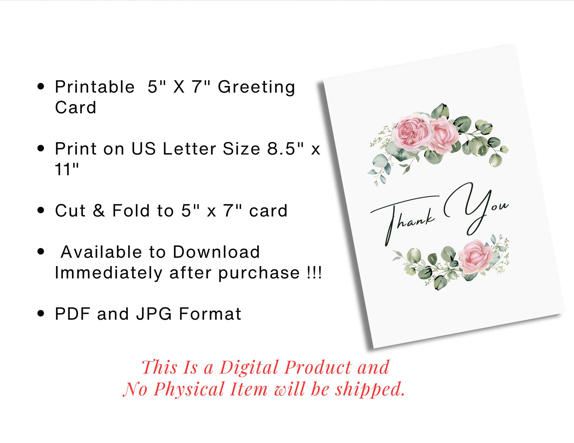 Printable Thank You Card, Instant Download, Thank You Greeting Card ...