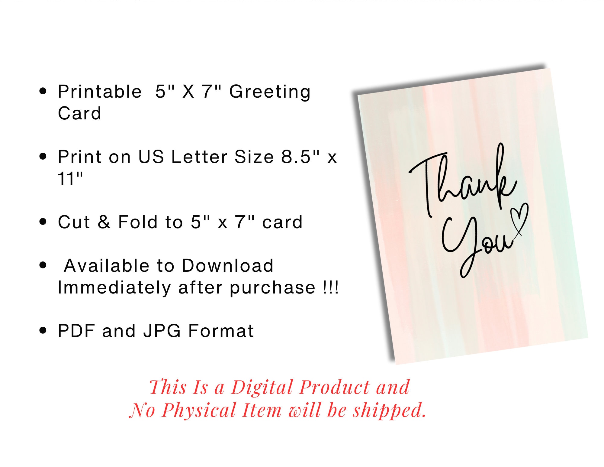 Printable Thank You Card, Instant Download, Thank You Greeting Card ...