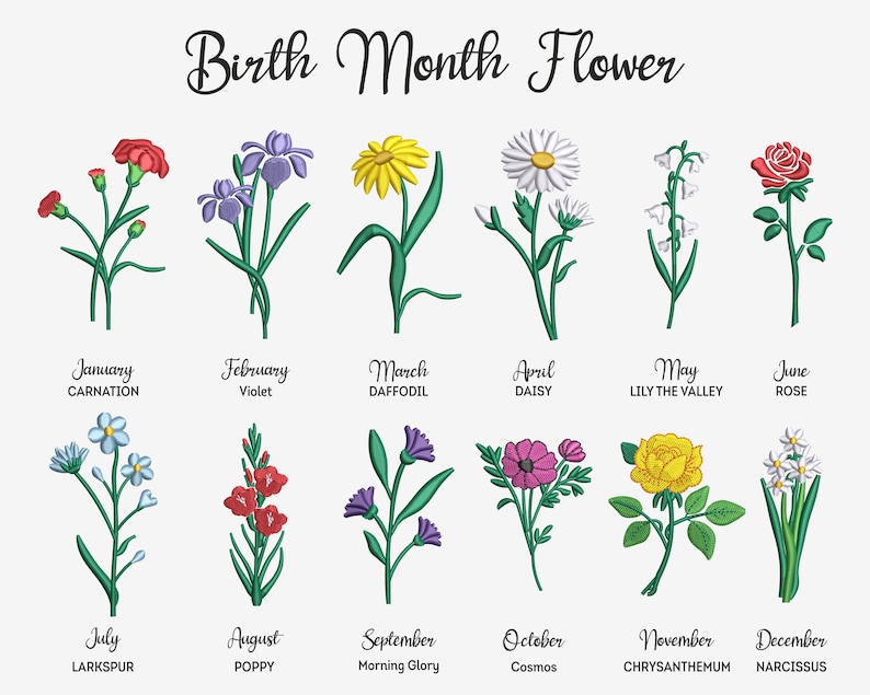 12 Birth Month Flower Embroidery, Digital Flowers Machine Embroidery ...