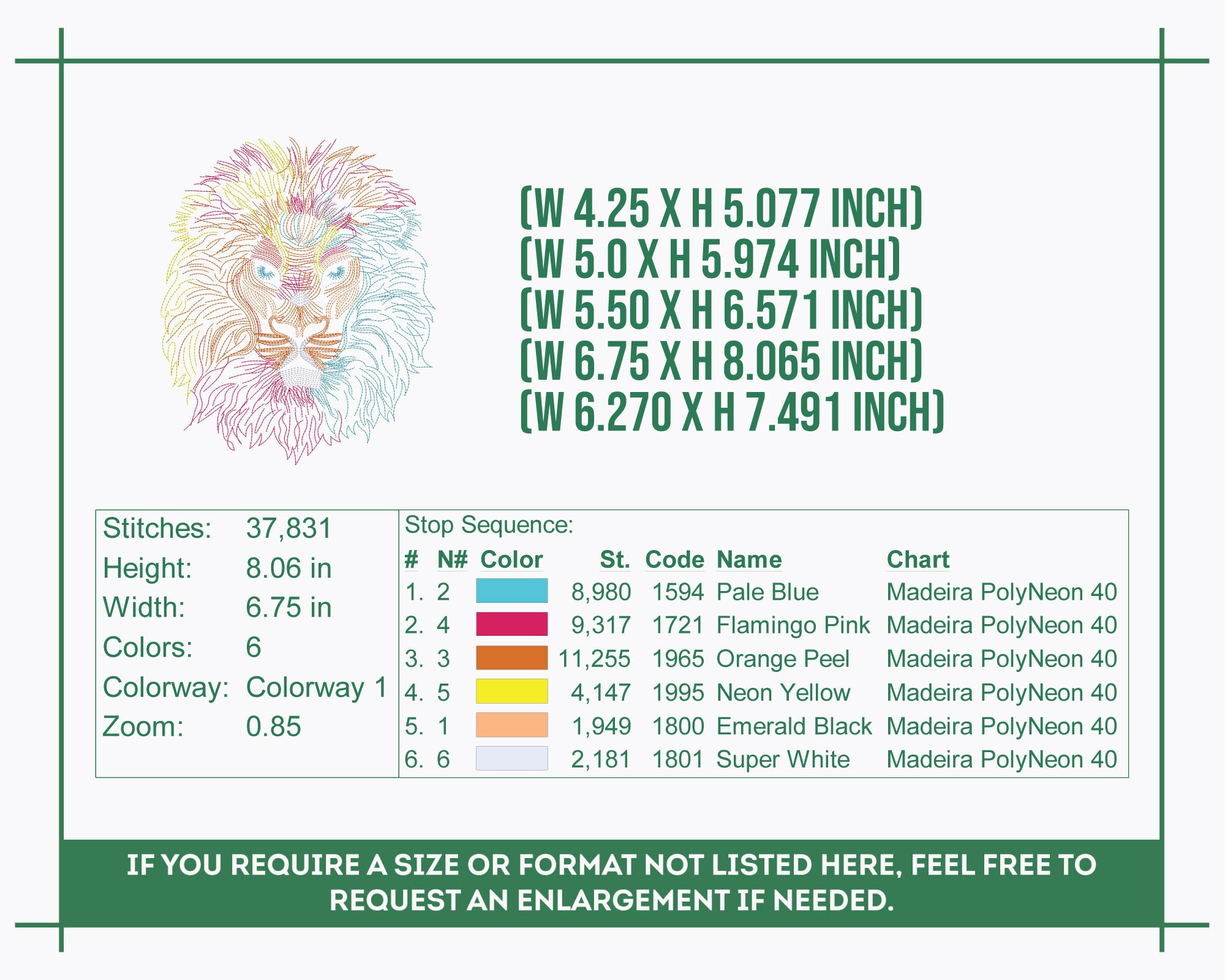 Lion Machine Embroidery Design, Rainbow Lion Portrait Embroidery ...