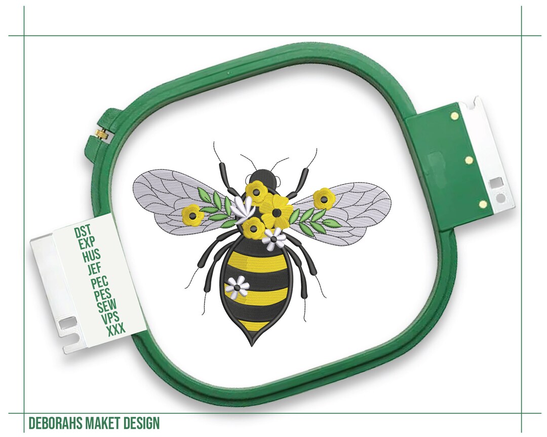 Floral Bee Machine Embroidery, Bumble Bee Embroidery Design, Honey Bee Embroidery Pattern, Bee ...