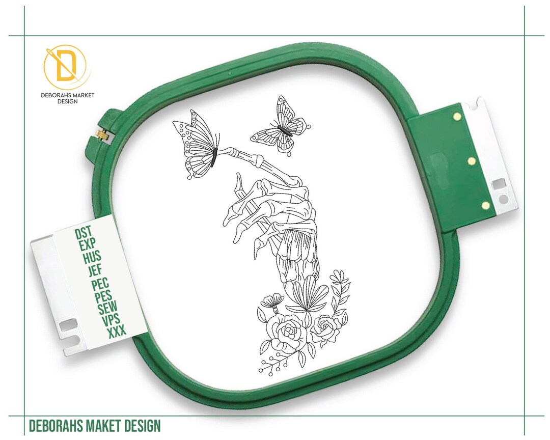 Floral Skeleton Hand Machine Embroidery, Butterfly Hand Skeleton Design ...