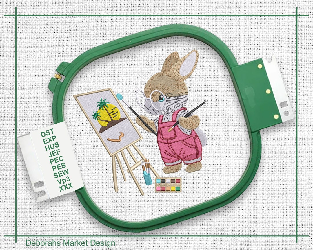 Bunny Artist Embroidery File, Cute Rabbit Machine Embroidery, Rabbit ...