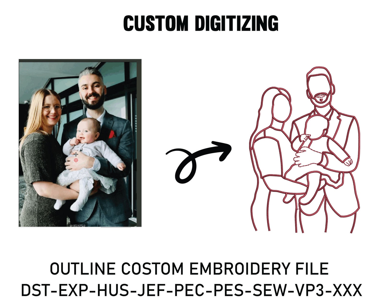 Custom Line Art Portrait Machine Embroidery, Outline Sketch From Photo ...