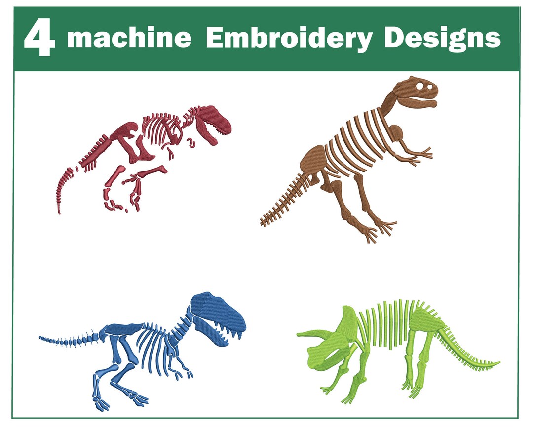 Dinosaur Fossil Skeleton Embroidery Design, 4 Skeleton Dino Bones ...