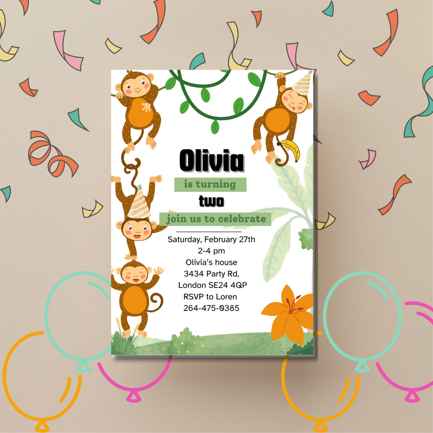 Monkey Birthday Invitation, Birthday Party Printable, Children Party Invite, Digital Download ...
