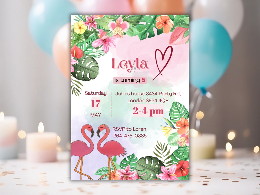 Tropical Birthday Party Invitation, Editable Flamingo Themed Party ...
