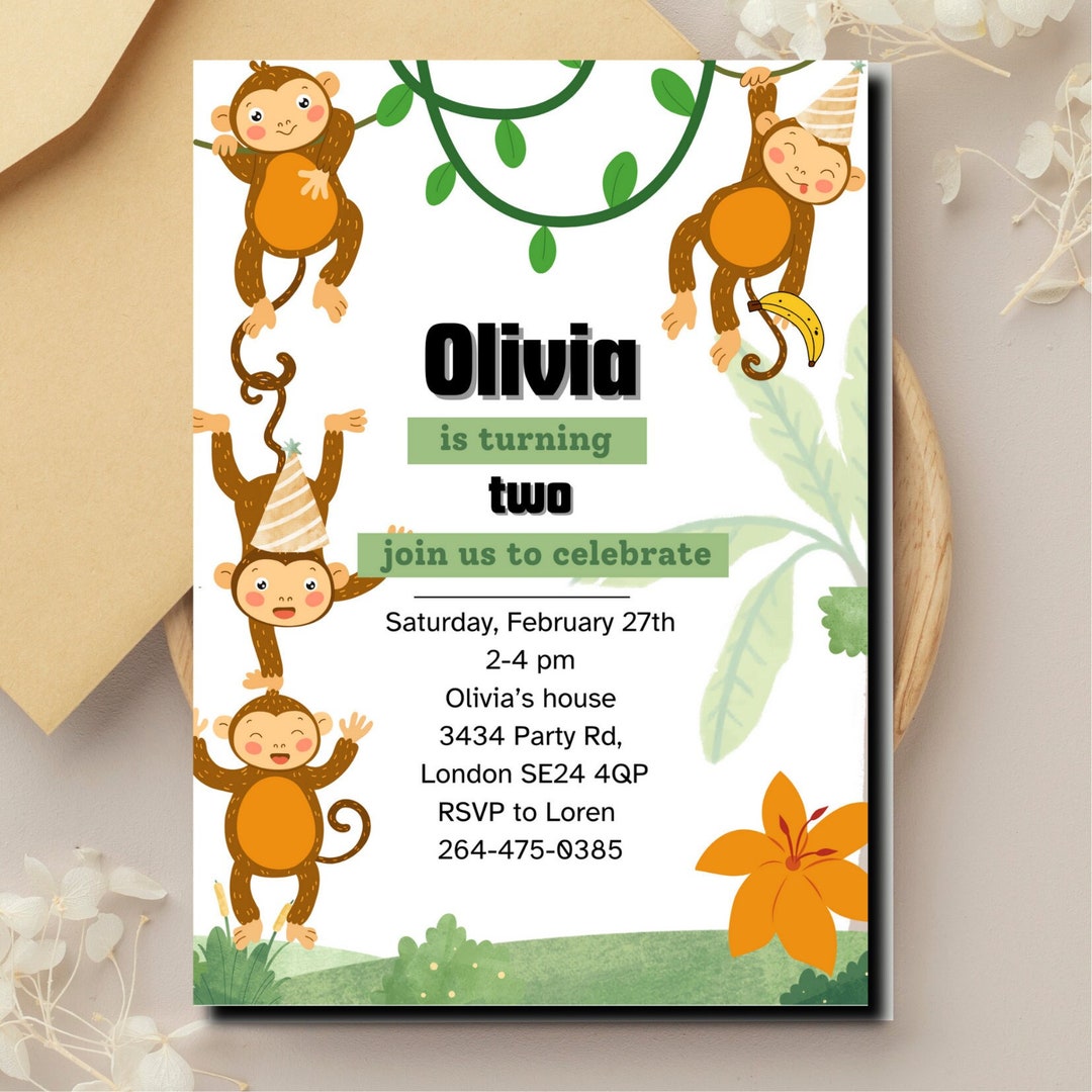 Monkey Birthday Invitation, Birthday Party Printable, Children Party Invite, Digital Download ...