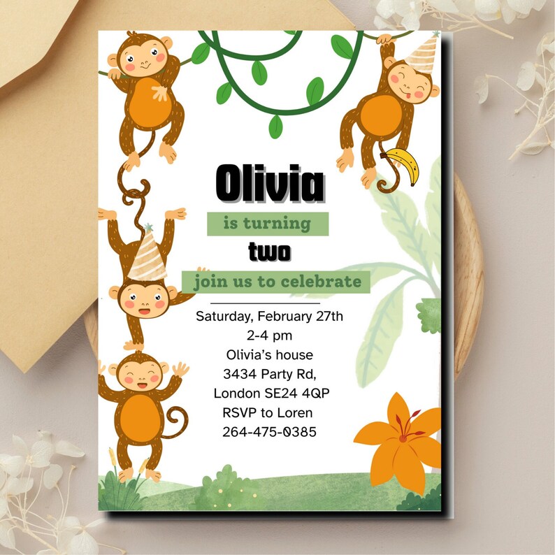 Monkey Birthday Invitation, Birthday Party Printable, Children Party ...