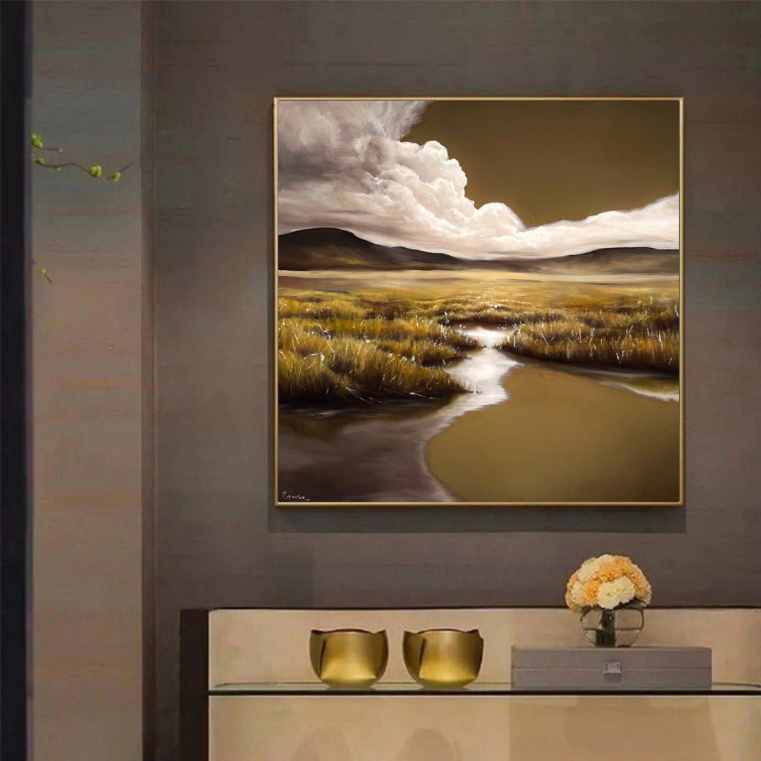 Gold Sunset Painting on Metal Canvas - Landscape Wall Art for Guest ...