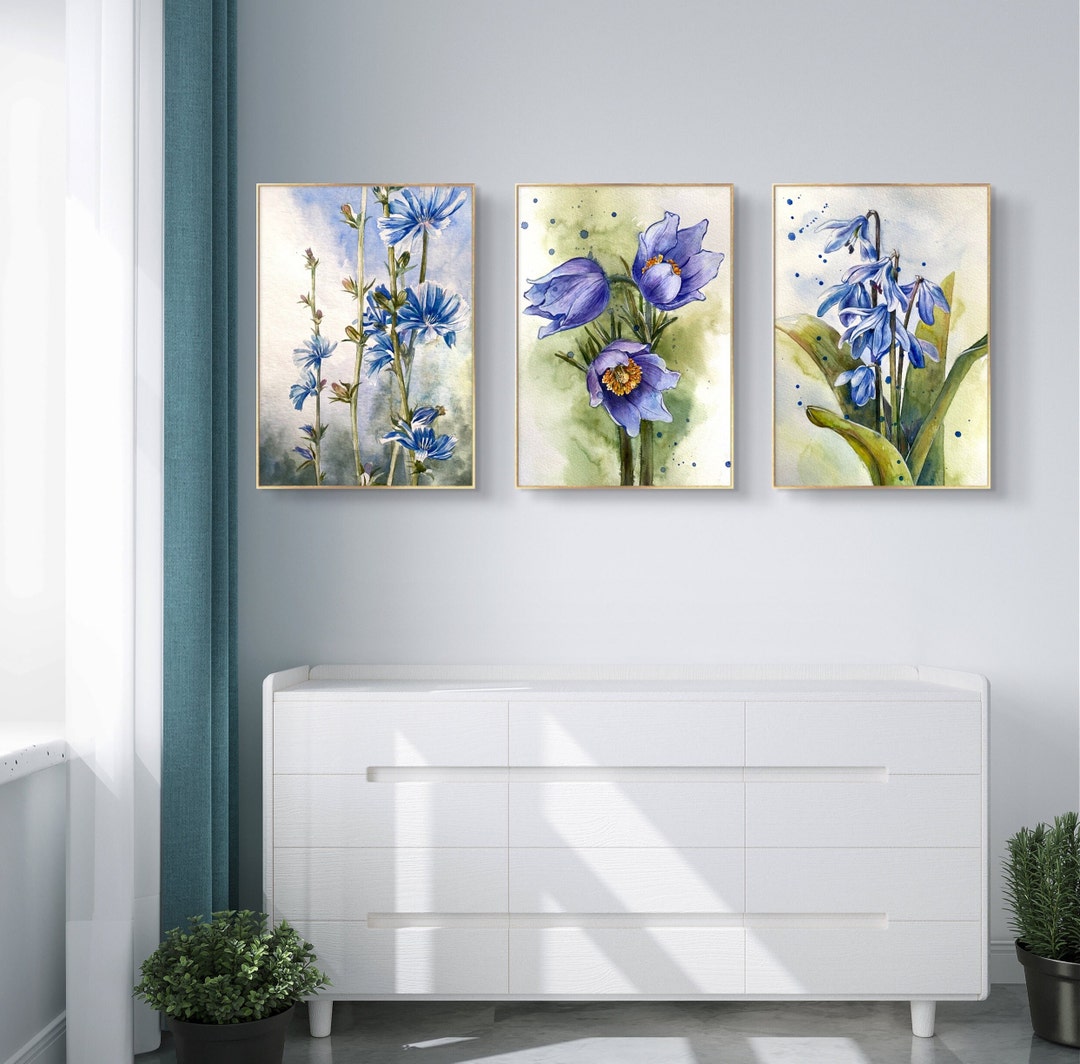 Watercolor Blue Flower Set 3 Piece Wall Art Set Set of Wildflowers Watercolor Paintings Gallery ...