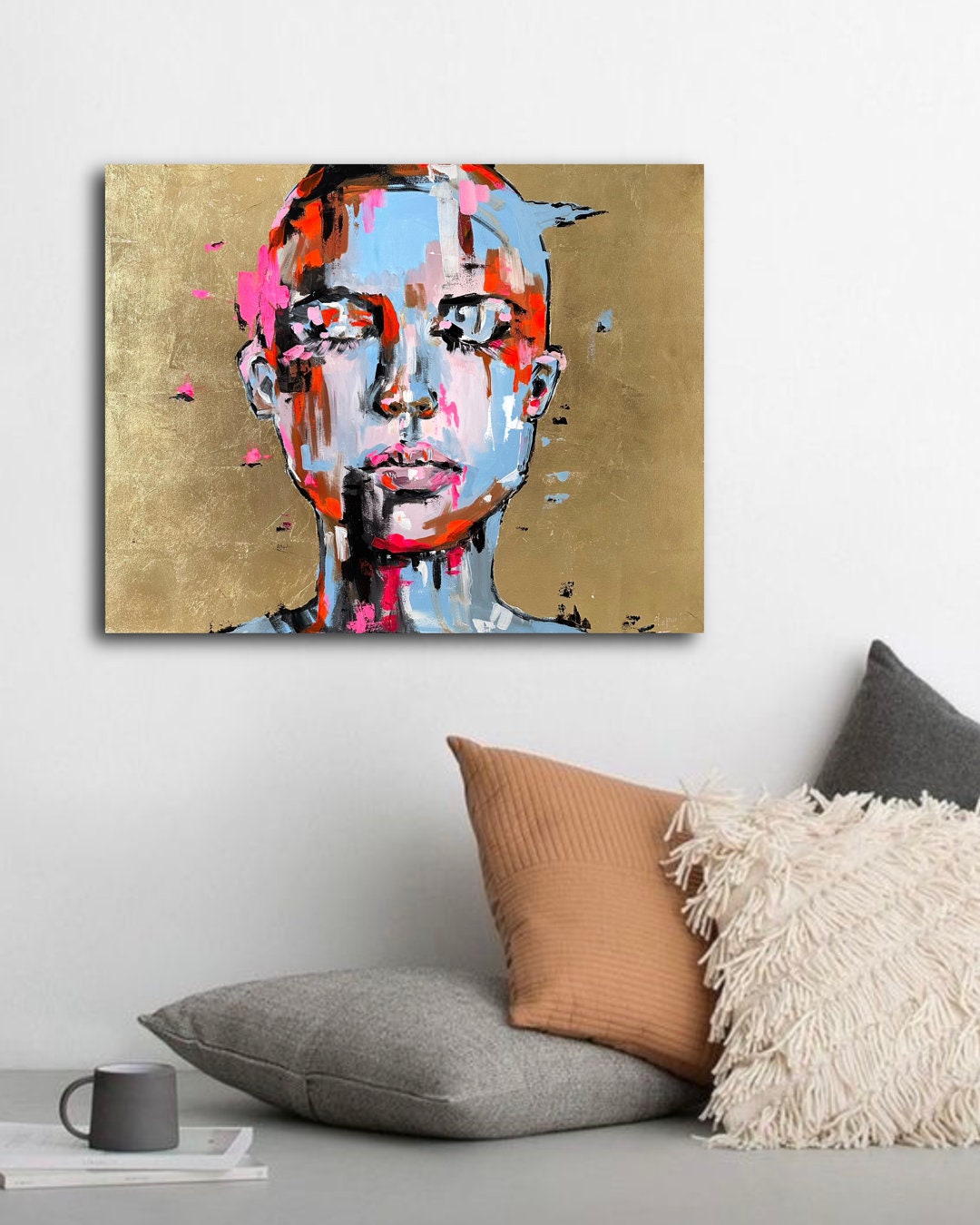 Eyes Closed Woman Face Gold Acrylic Painting - Maximalist Wall Art ...