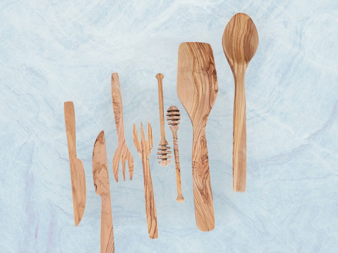 Olive Wood Wooden Kitchen Breakfast Set Spoon, Knife, Fork, and Honey ...