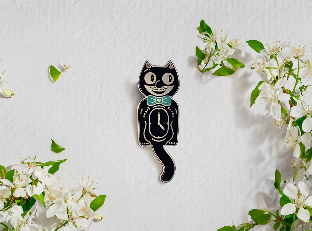 Cat Clock Hard Enamel Pin - Retro Pin, Silver Pin, Mod Pin, Cute Enamel ...