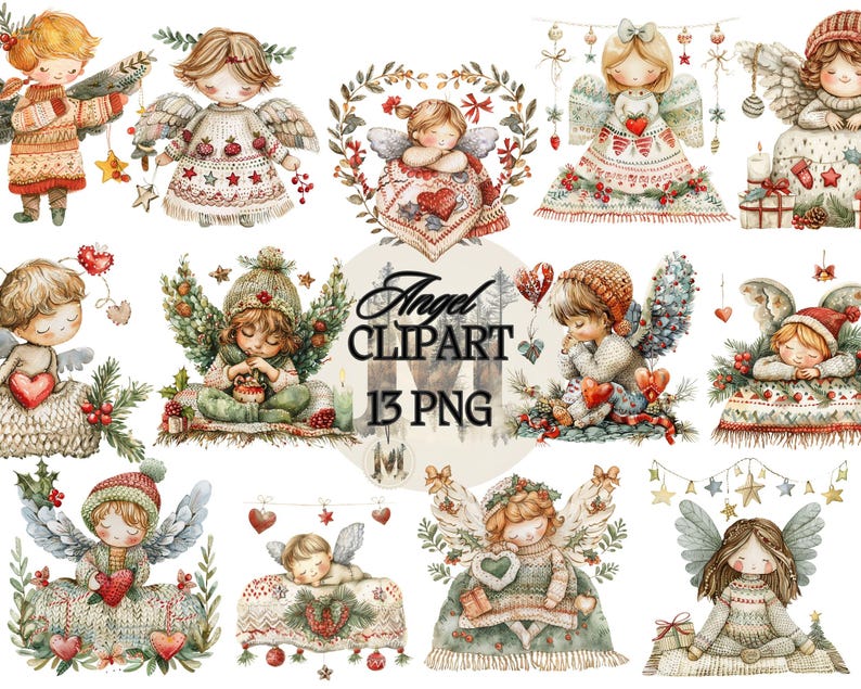 Watercolor Angel Clipart Bundle: Christmas PNG Illustrations (digital ...