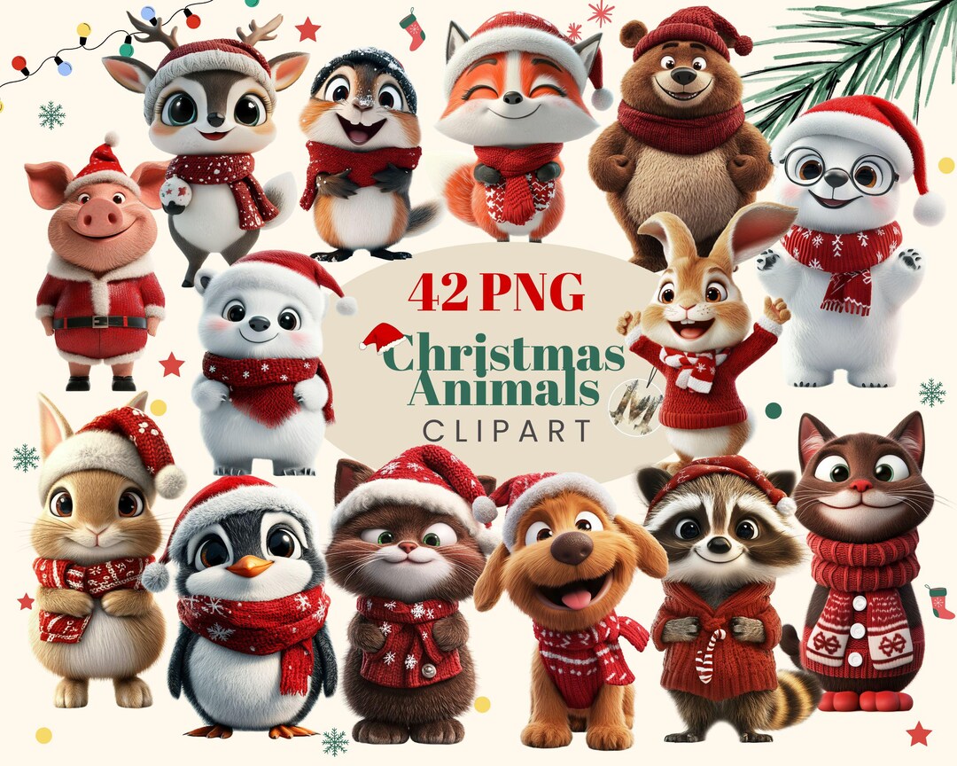 Cute Christmas Animals Clipart Bundle,42 PNG Files for Sublimation,high ...