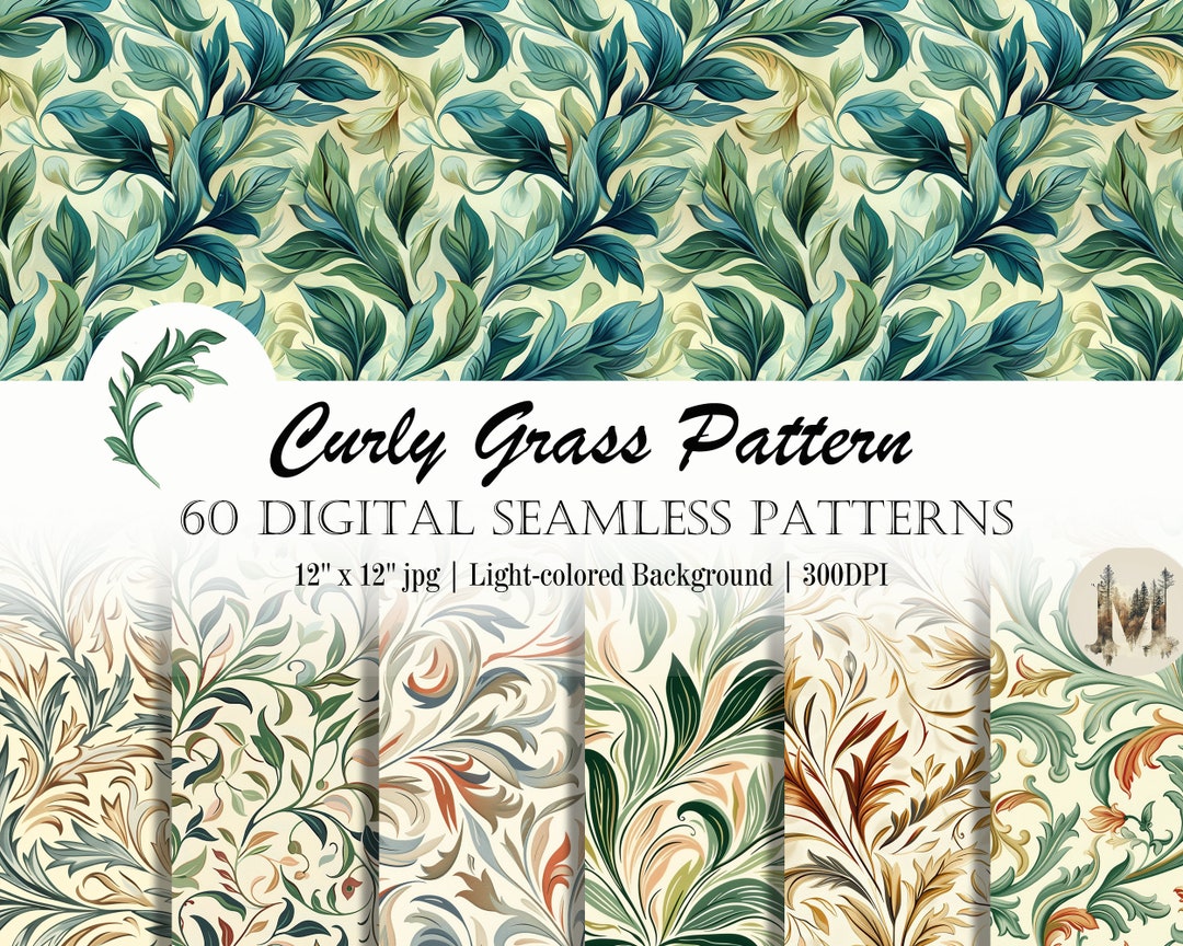 William Morris Style Curly Grass Pattern: 60 Seamless Digital Papers ...