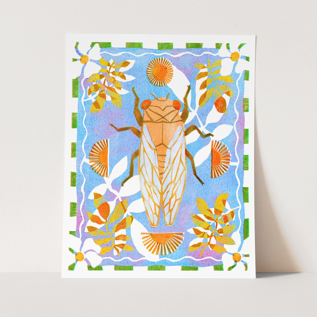 Cicada Wall Art Print / Colorful Bug Poster / Insect Art / Modern Folk ...