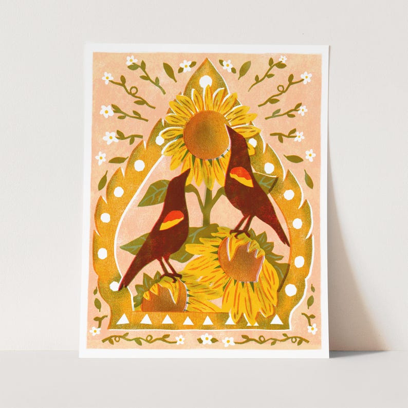 Red Winged Blackbirds Art Print / Blackbirds Folk Art / Bird Print ...