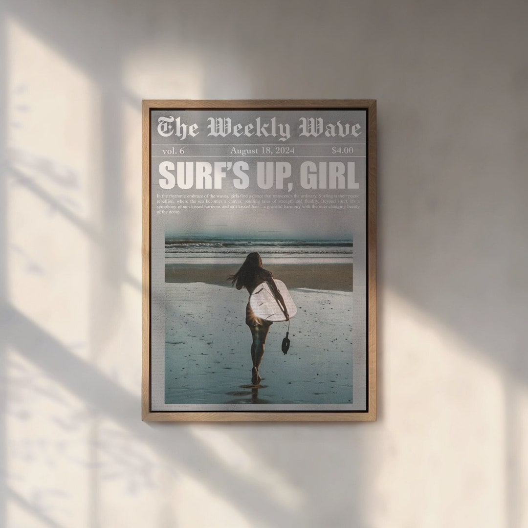 Surfs up Girl Newsprint Digital Wall Art Beach Wall Decor Surfing ...