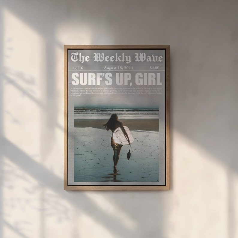 Surfs up Girl Newsprint Digital Wall Art Beach Wall Decor Surfing ...
