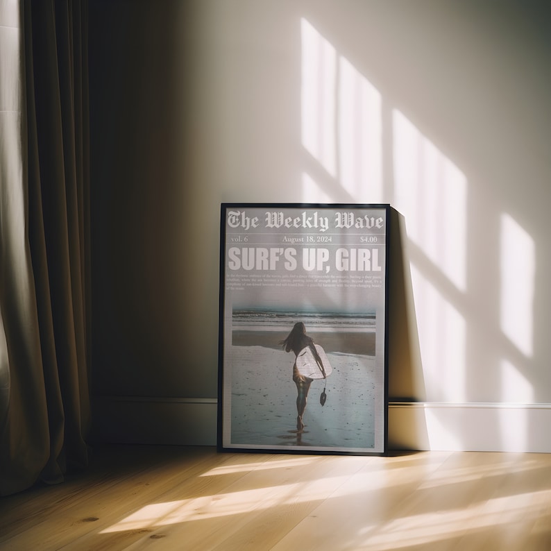 Surfs up Girl Newsprint Digital Wall Art Beach Wall Decor Surfing ...