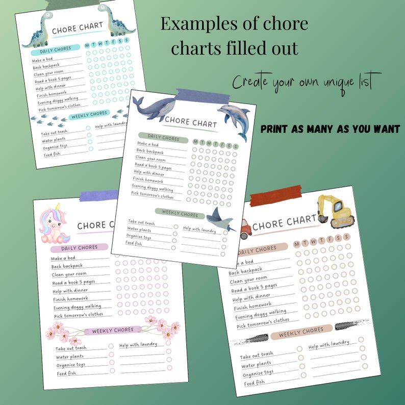 Kids Chore Chart Printable Set | Dinosaur, Unicorn, Mermaid ...