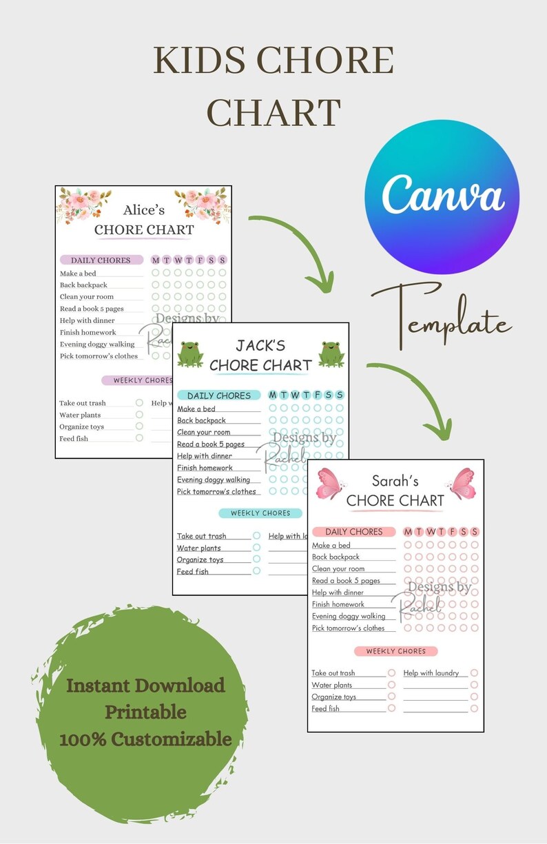 Kid's Chore Chart Template Canva, Chore Calendar Printable, Daily and ...