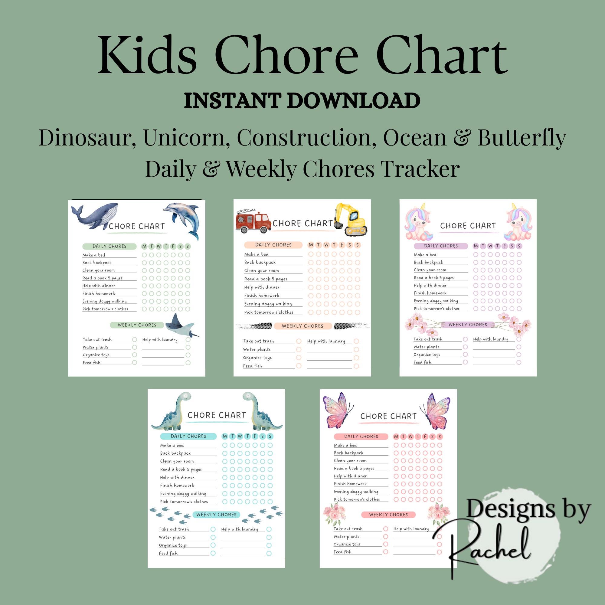 Kids Chore Chart Printable Set | Dinosaur, Unicorn, Mermaid ...
