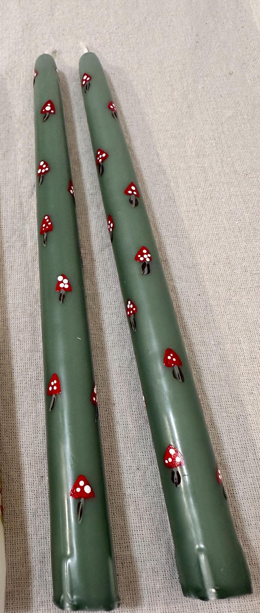 Autumn Taper Candle With Mushrooms Mushroom Paintes Sage Green Taper ...