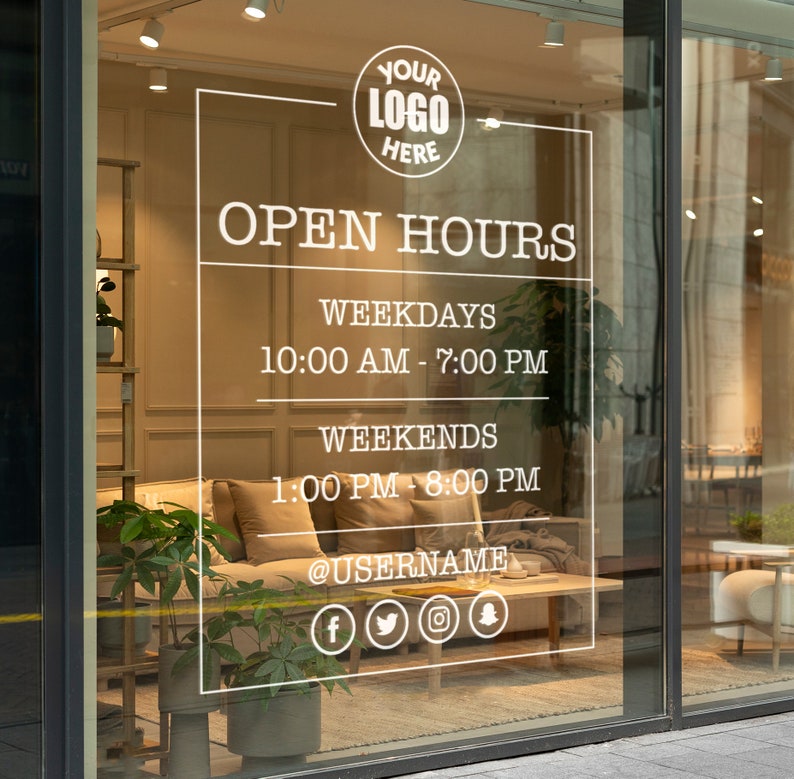 Custom Store Hours Decal Business Door Sign for Hours of Operation Open ...