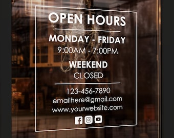 Custom Store Hours Decal Business Door Sign for Hours of Operation Open Closed Sign for Store ...
