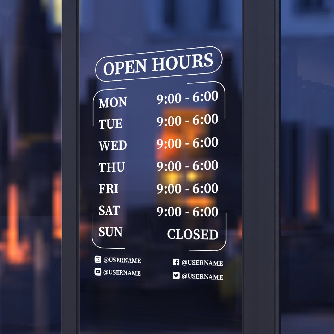 Store Hours Decal - Hours of Operation Sticker - Business Hours Decal ...