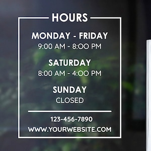 Custom Store Hours Decal - Business Door Sign for Hours of Operation ...