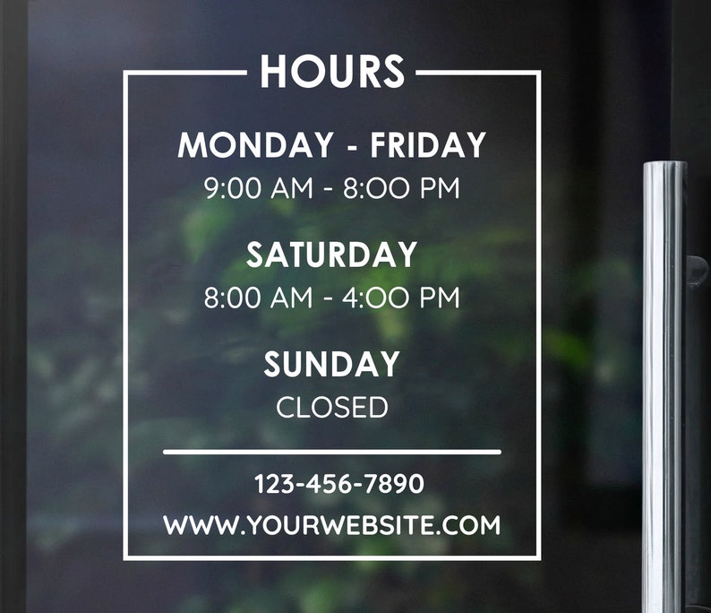 Custom Store Hours Decal Business Door Sign for Hours of Operation Open Closed Sign for Store ...