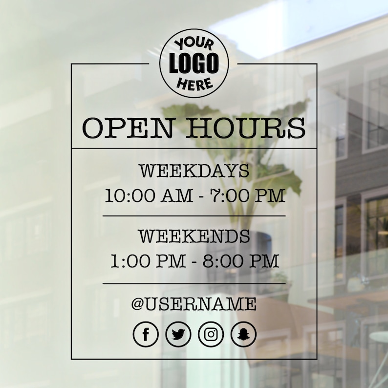Custom Store Hours Decal - Business Door Sign for Hours of Operation ...