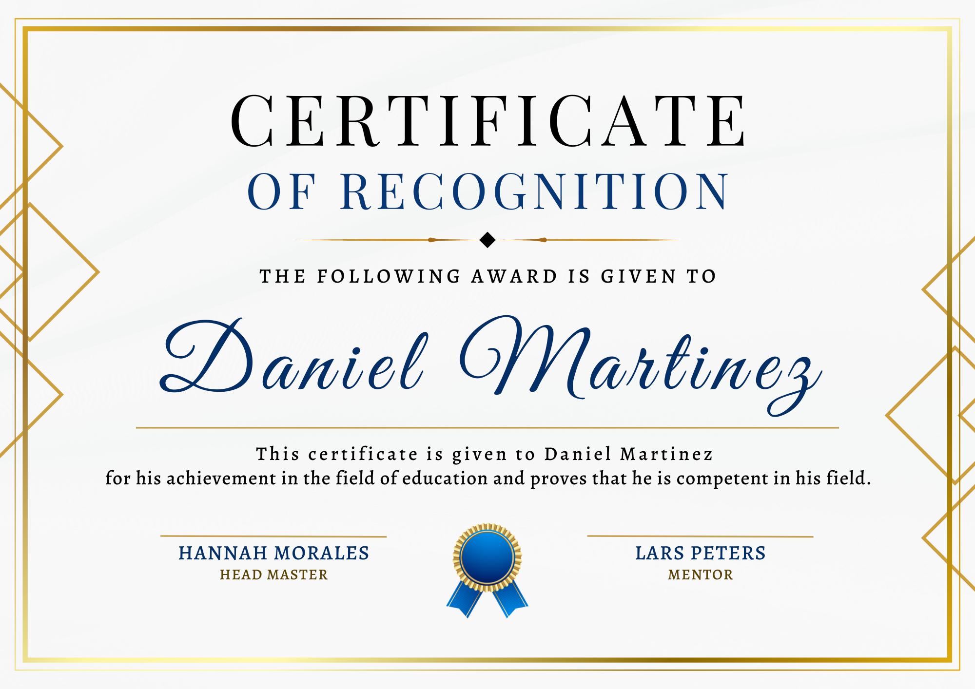 Printable Certificate of Recognition, Downloadable Award Template ...