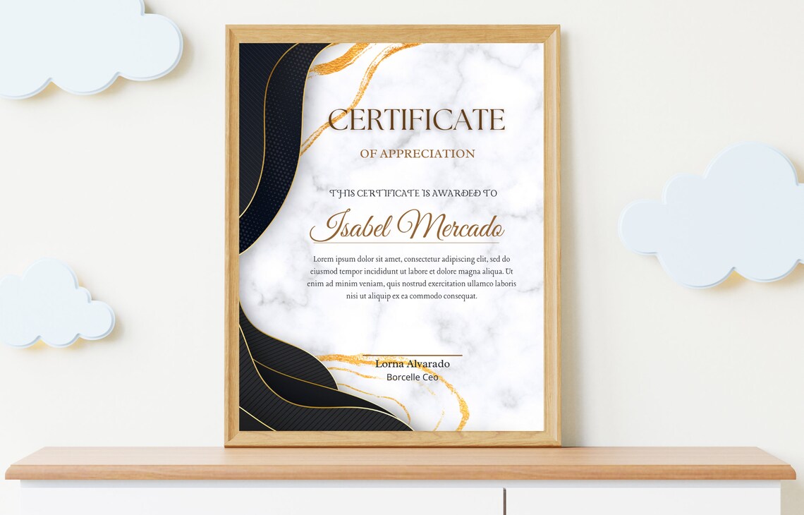 Elegant Black Gold Certificate Frame, Portrait Template Holder ...