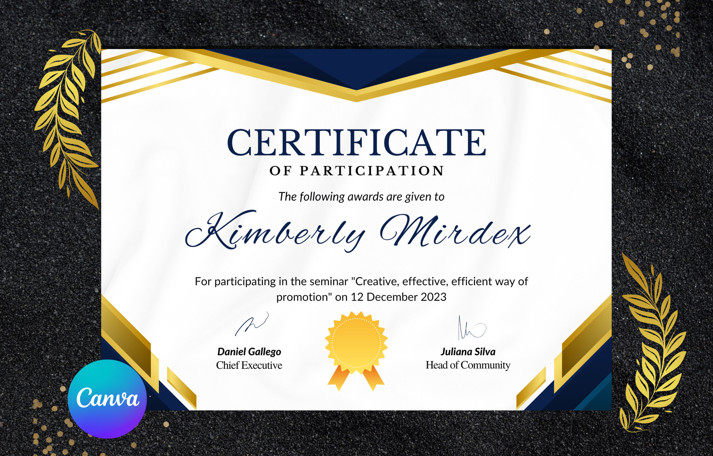 Editable Modern Gold and Blue Certificate of Participation, Elegant ...