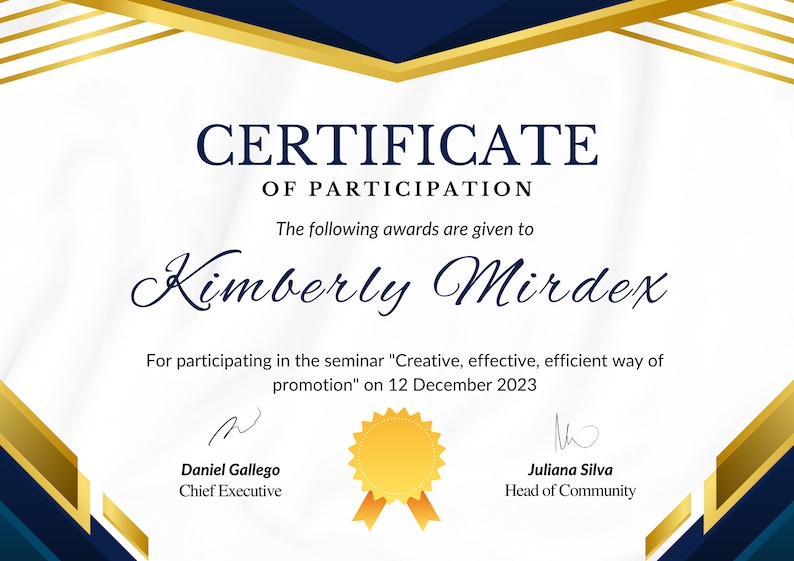 Editable Modern Gold and Blue Certificate of Participation, Elegant ...