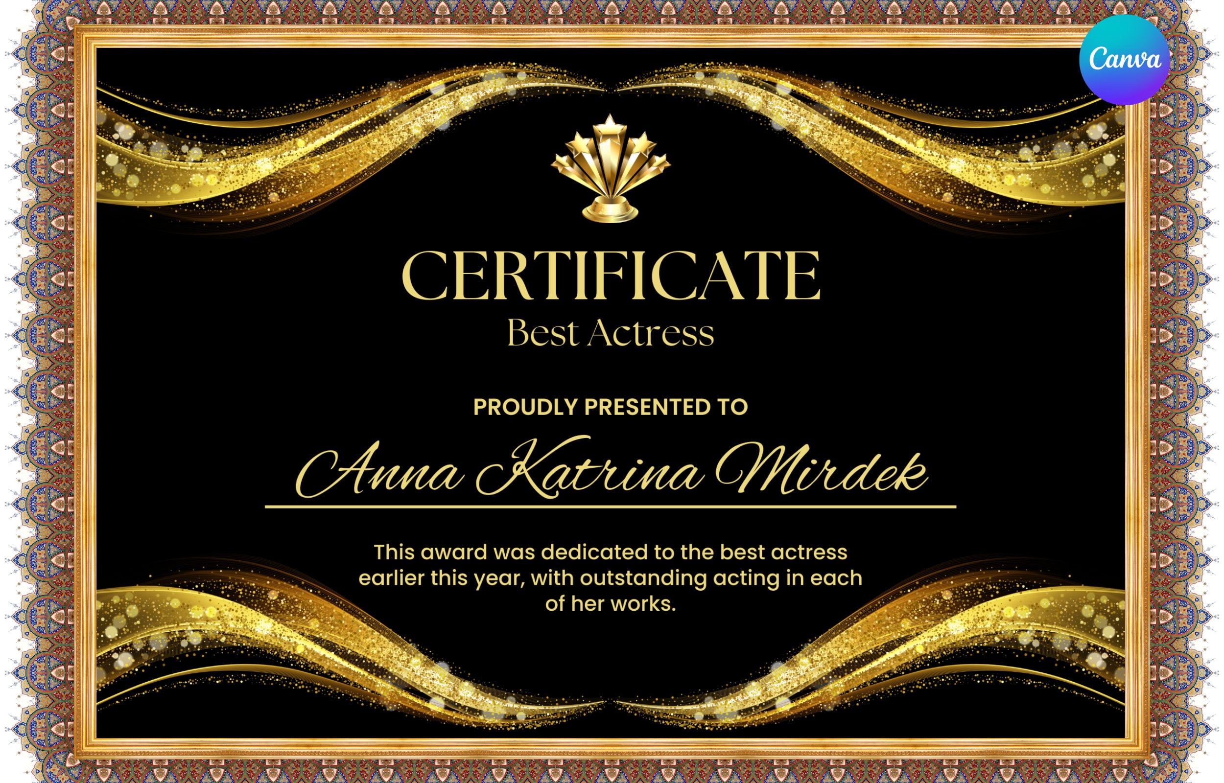 Elegant Best Actress Certificate, Black and Gold Modern Award ...