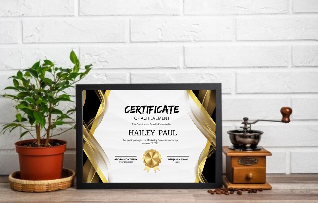 Gold Elegant Certificate of Achievement Template, Editable Award for ...