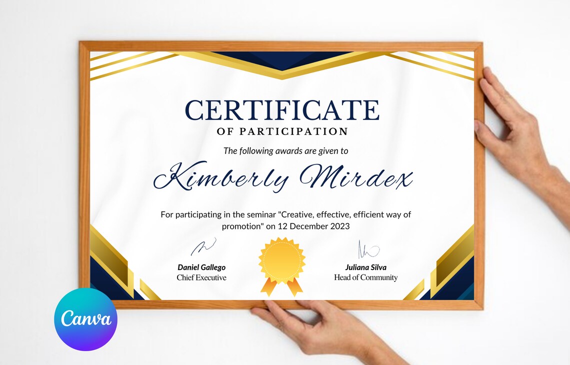 Editable Modern Gold and Blue Certificate of Participation, Elegant ...