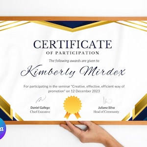 Editable Modern Gold and Blue Certificate of Participation, Elegant ...