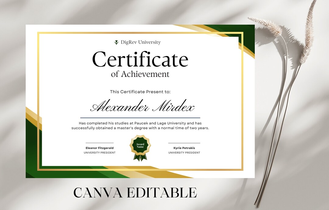Landscape Achievement Certificate, Green and Gold Design, Personalized ...