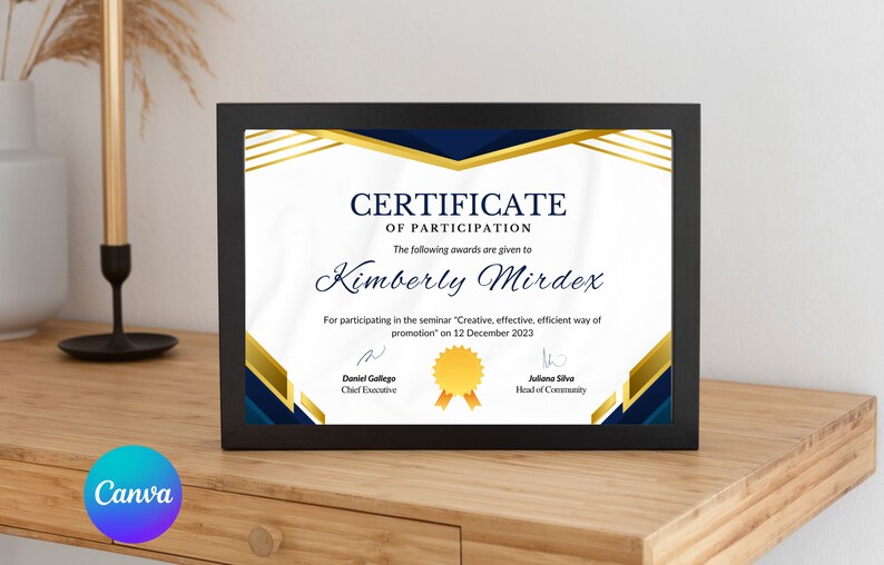 Editable Modern Gold and Blue Certificate of Participation, Elegant ...