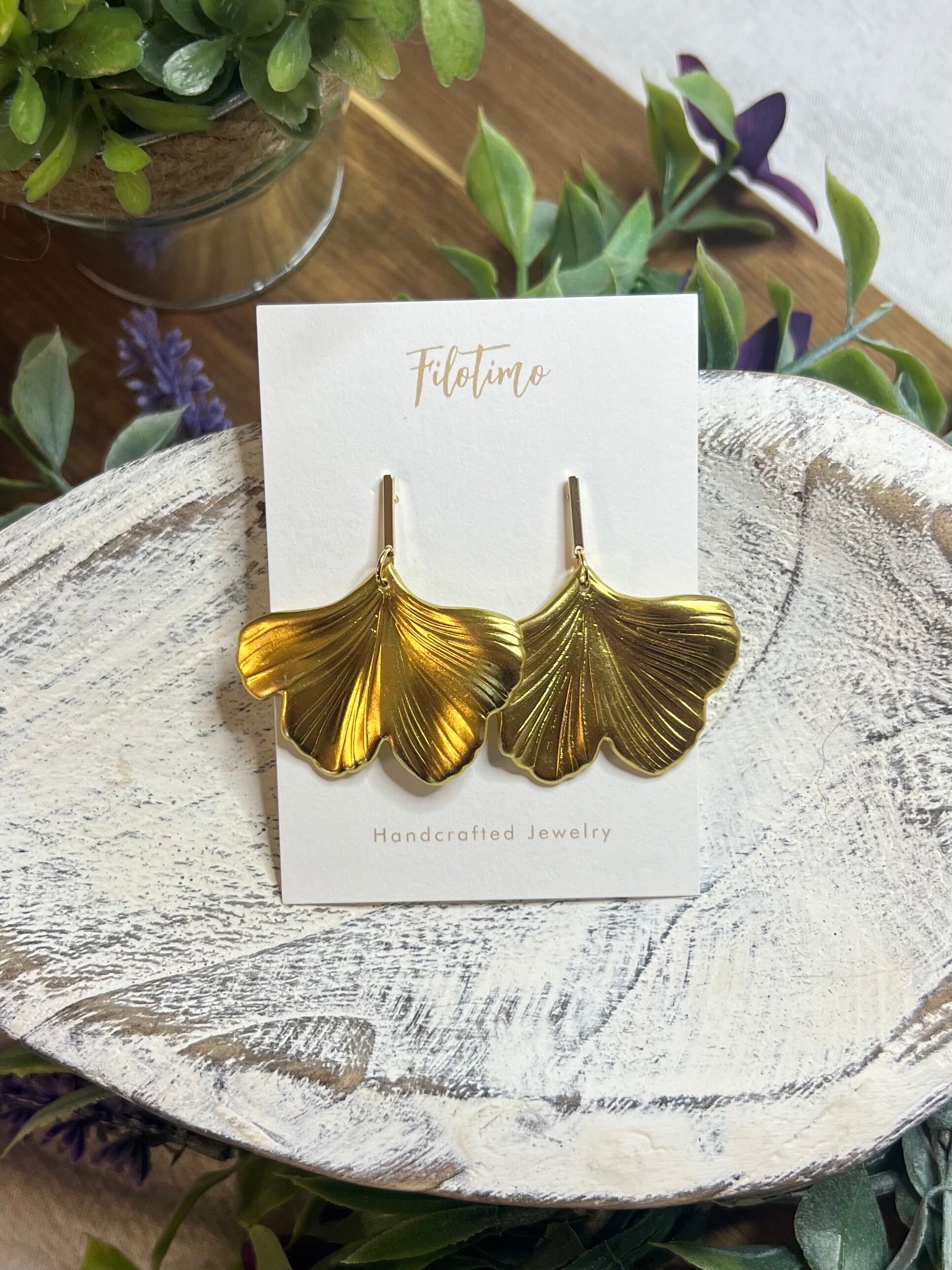 Gold Gingko Leaf Earrings With Gold Bar - Etsy