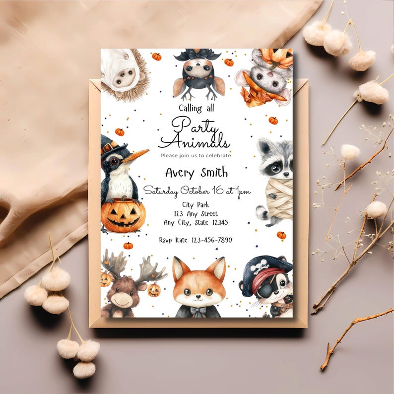 Woodland Animal Halloween Birthday| Party Animal Invitation| Cute ...